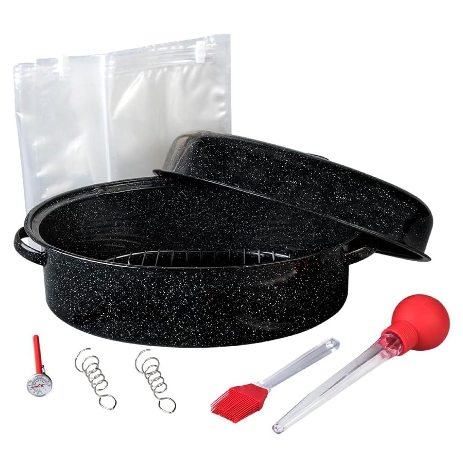19 in Oval Roaster Set (10pcs), includes Lid, Rack, 2 pack brining bags, oven/grill-safe meat ...