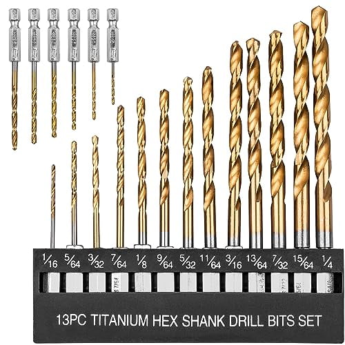 19 PCS Hex Shank Drill Bit Set, 1/16"-1/4" HSS Titanium Coated Twist ...