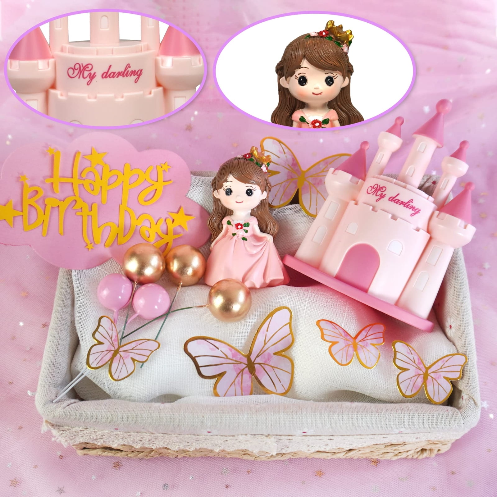 19 PCS Princess Cake Topper Castle Cake Decoration with Butterflies and ...