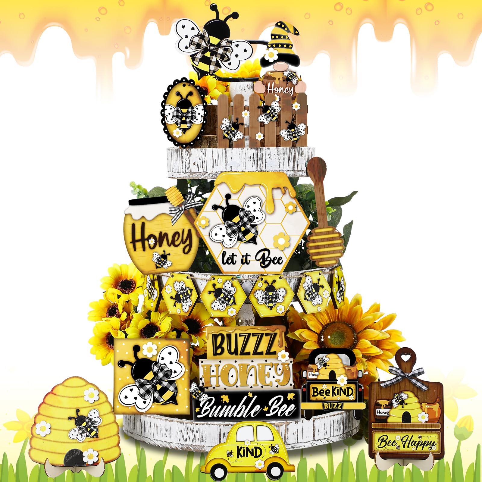 19 Pcs Bee Tiered Tray Decor ATT1Summer Honey Bee Table Wooden Signs ...