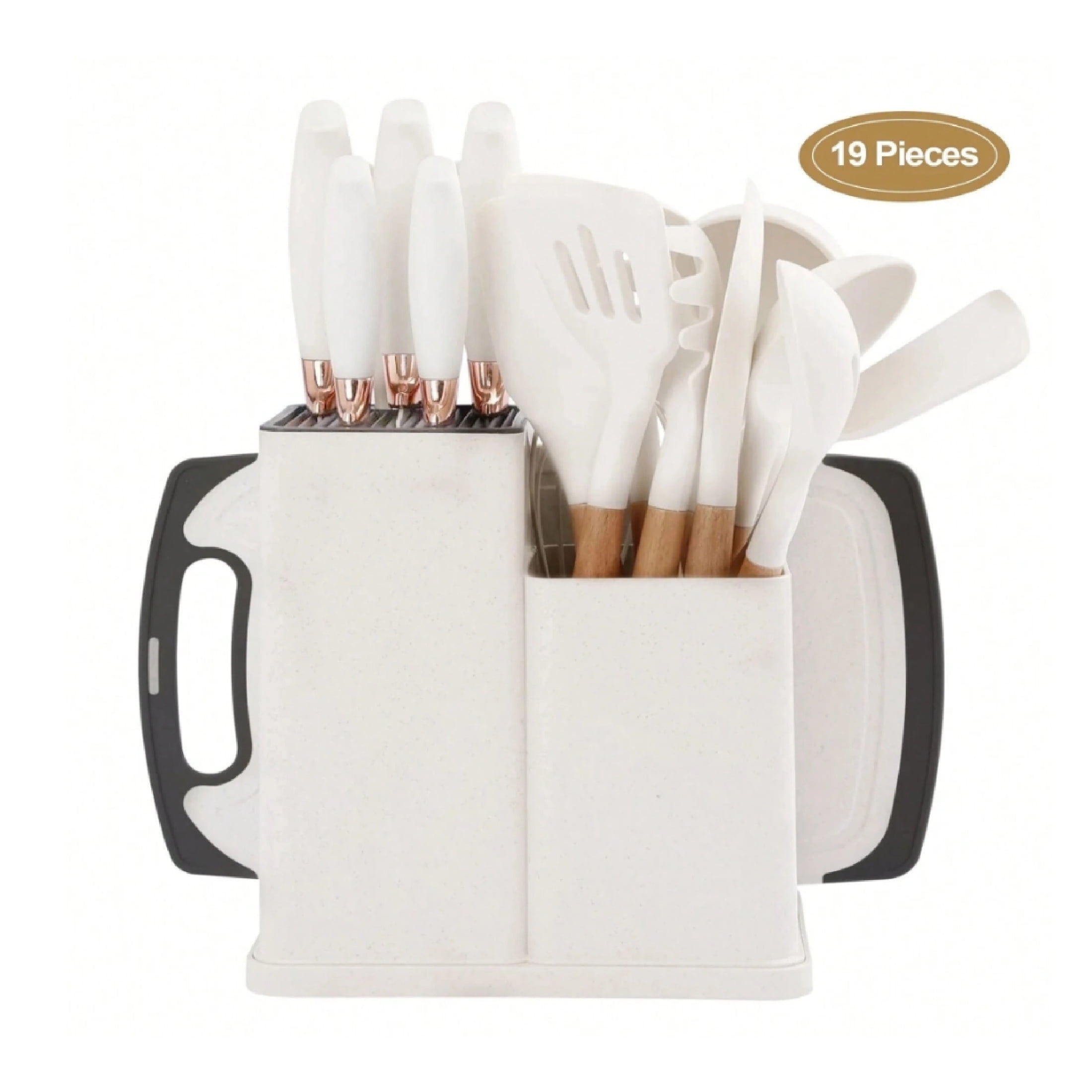 19 Pcs Beige Knife Sets,Silicone Kitchen Utensils Set,Kitchen Knife ...