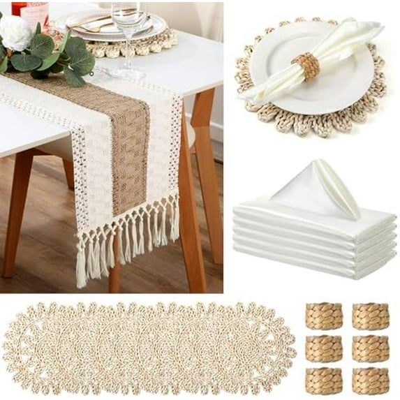 19 Pcs Boho Table Runner Set Woven Macrame Table Runner Woven Round ...