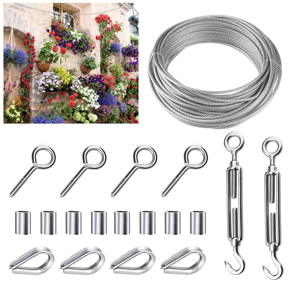 19 Pcs Catenary Wire Kit, 15m Wire Rope Garden with Stainless Steel Turnbuckle Eye Bolts Wire ...