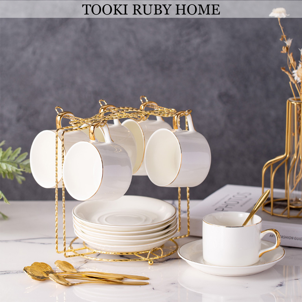 DUJUST 14 pcs Tea Set of 6 with Tea Tray & Spoons, Modern Diamond ...