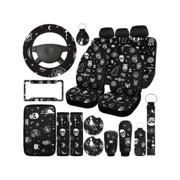 19 Pcs Skull Cat Moon Car Seat Covers, Full Set Acssories Steering ...