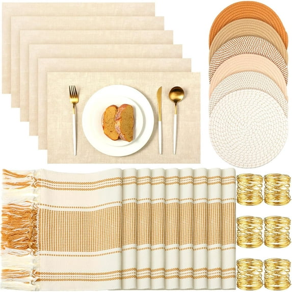 19 Pcs Table Runner Placemat and Napkin Ring Set Modern Woven acrame Mr ...