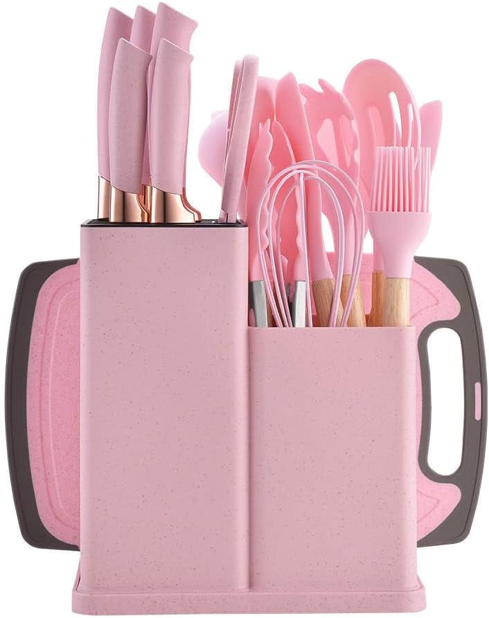 19-Piece Kitchen Utensil & Knife Block Set: 12 Non-Stick, Heat ...