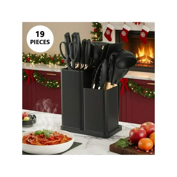19-Piece Kitchen Utensils & Knife Set, Non-Stick Silicone & Stainless ...