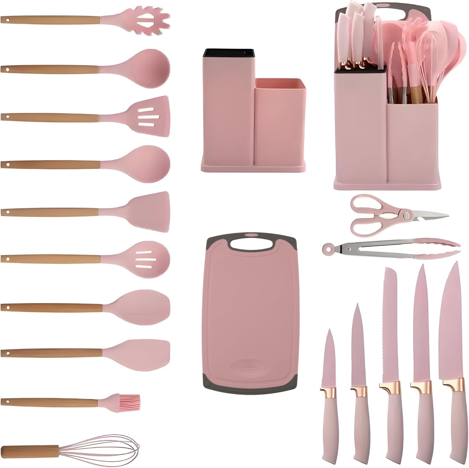 19-Piece Pink Kitchen Utensils Set - Silicone Cooking Utensils, Non ...