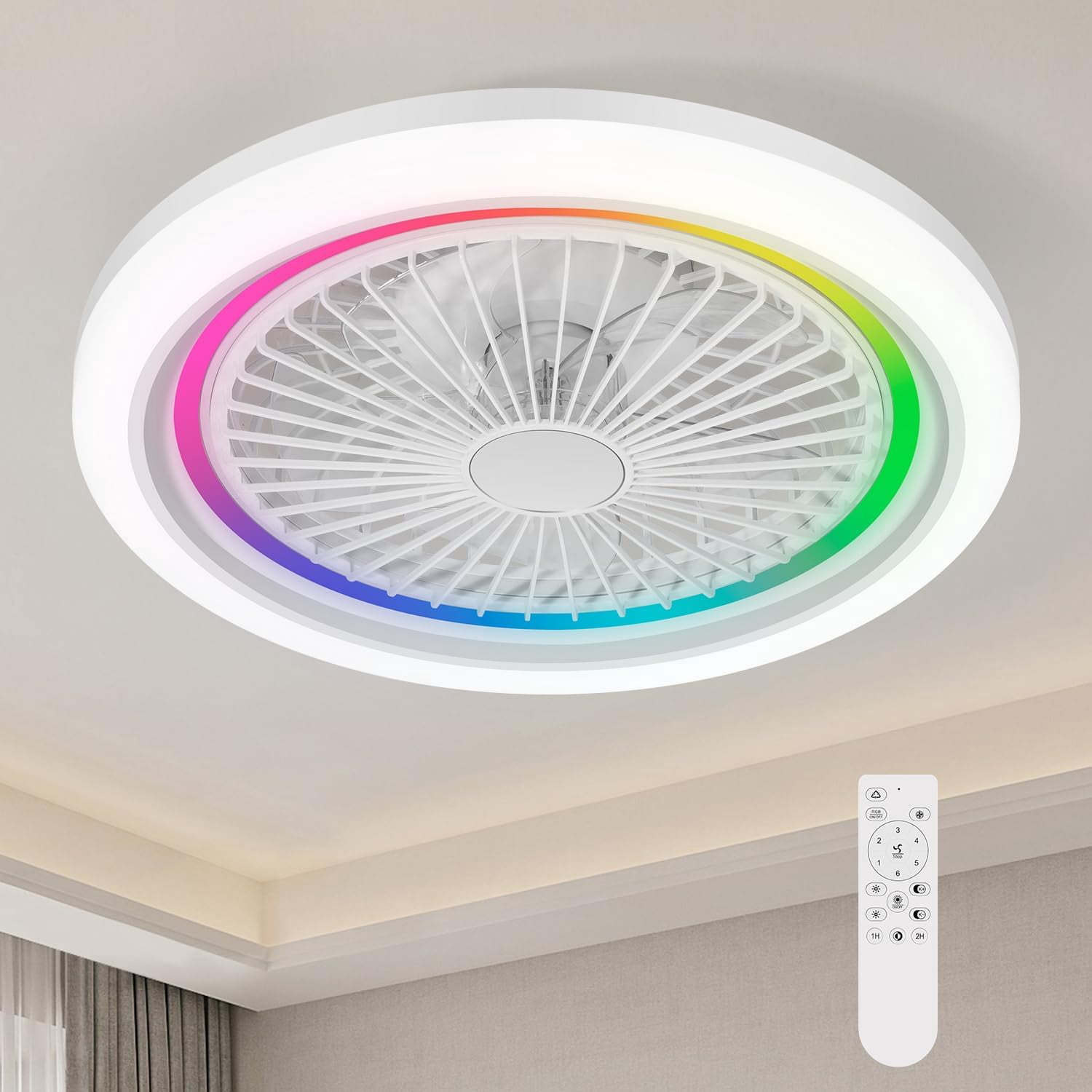 19" Smart RGB Ceiling Fan with Light, Low Profile Flush Mount Bladeless ...
