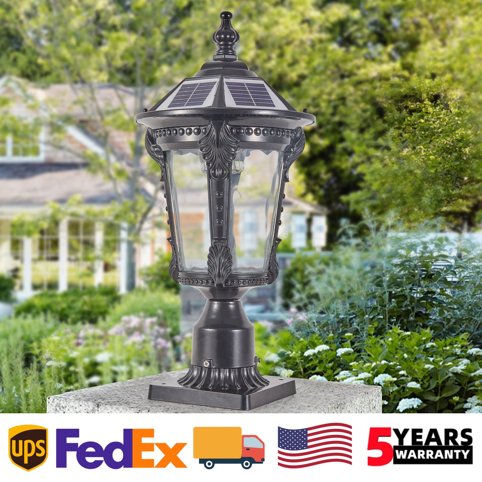19'' Solar Lamp Post Light Outdoor Black Pillar Dusk To Dawn With ...