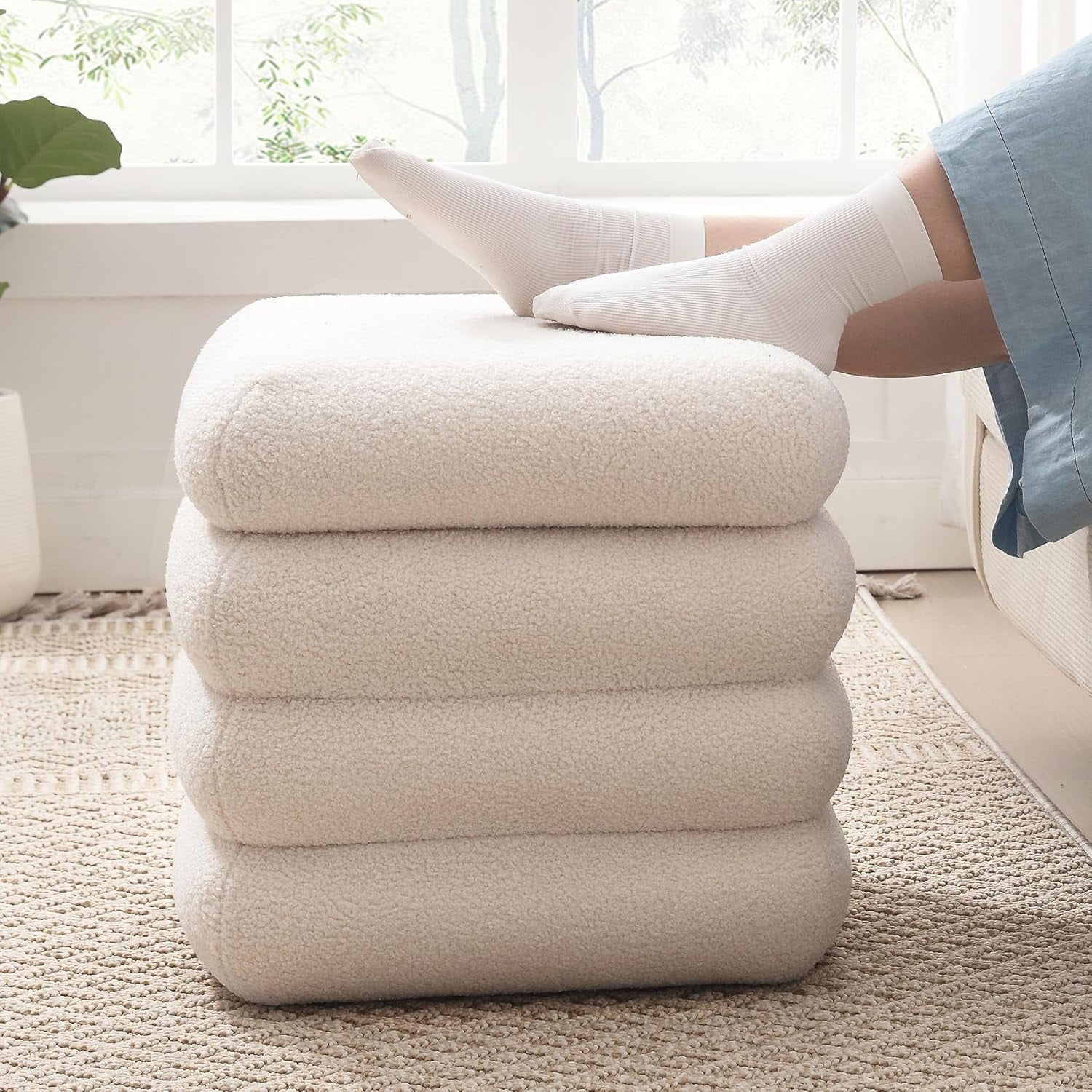 19" Square Storage Sherpa Ottoman with Removable Lid, Cream White Foot ...
