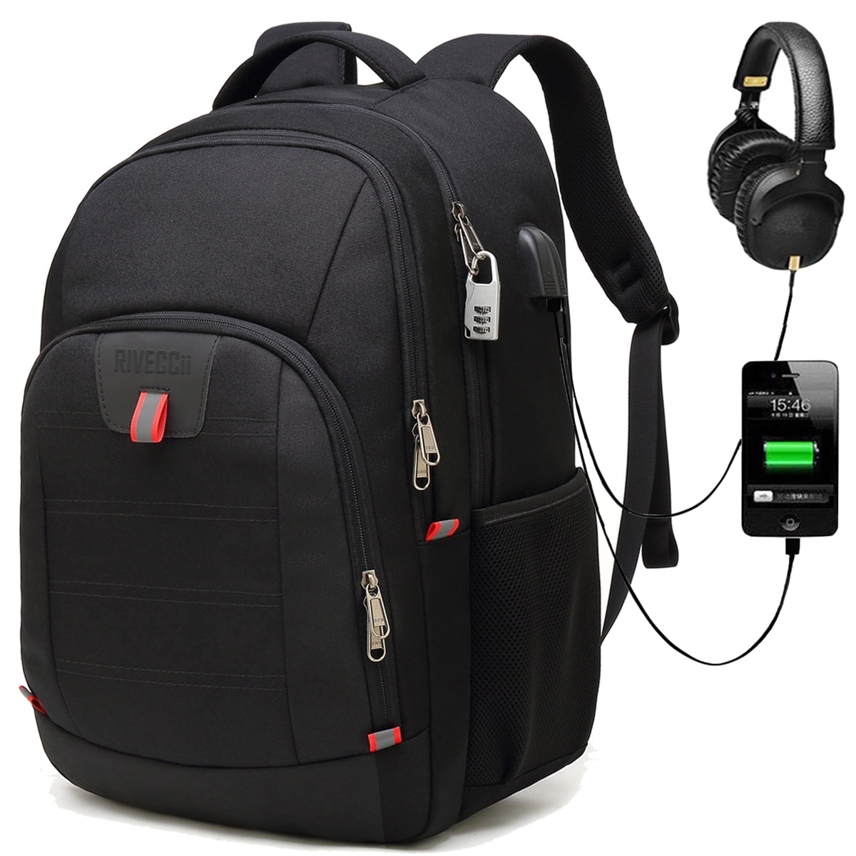 19-inch Black Backpack with USB Port Laptop Backpack Travel Backpack ...