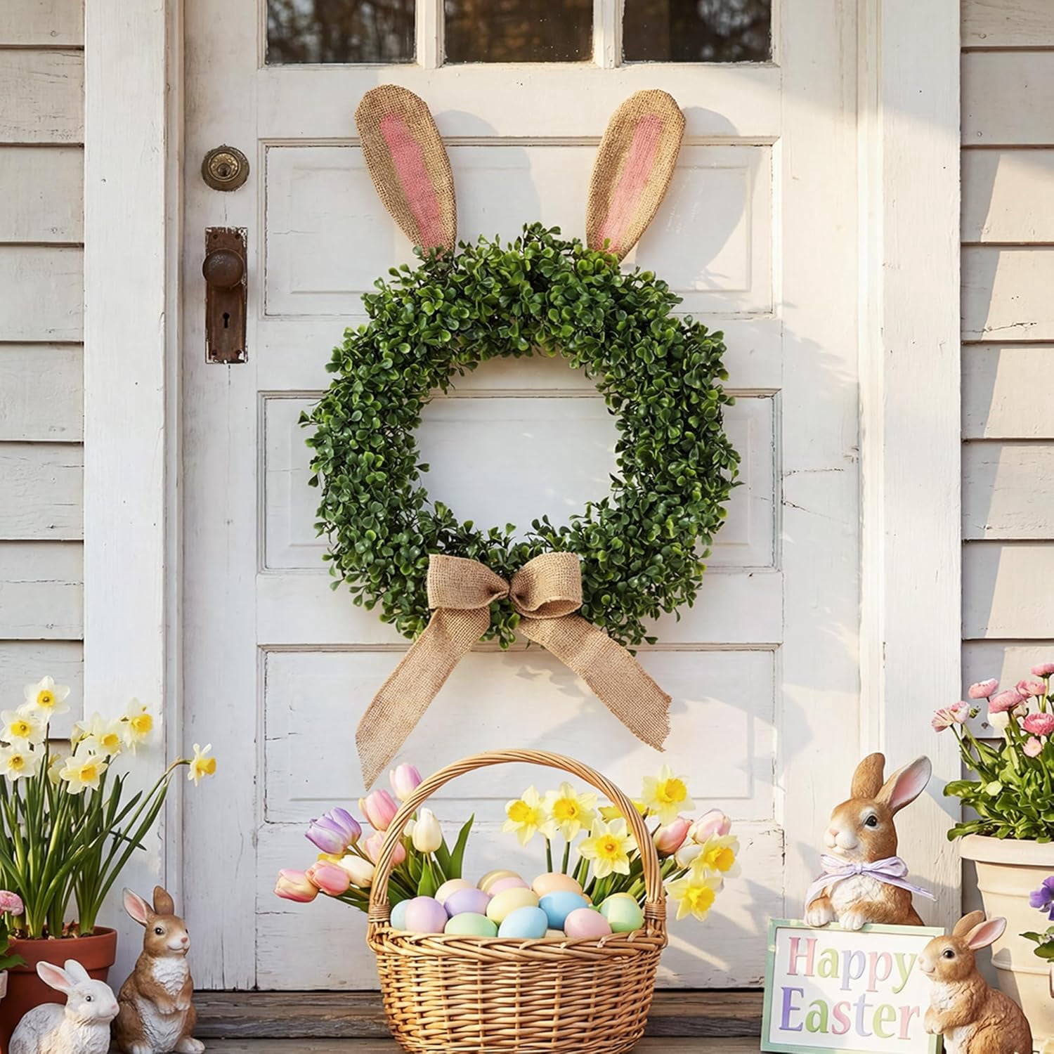 19 inch Easter Bunny Wreath for Front Door Artificial Bunny Wreath with ...