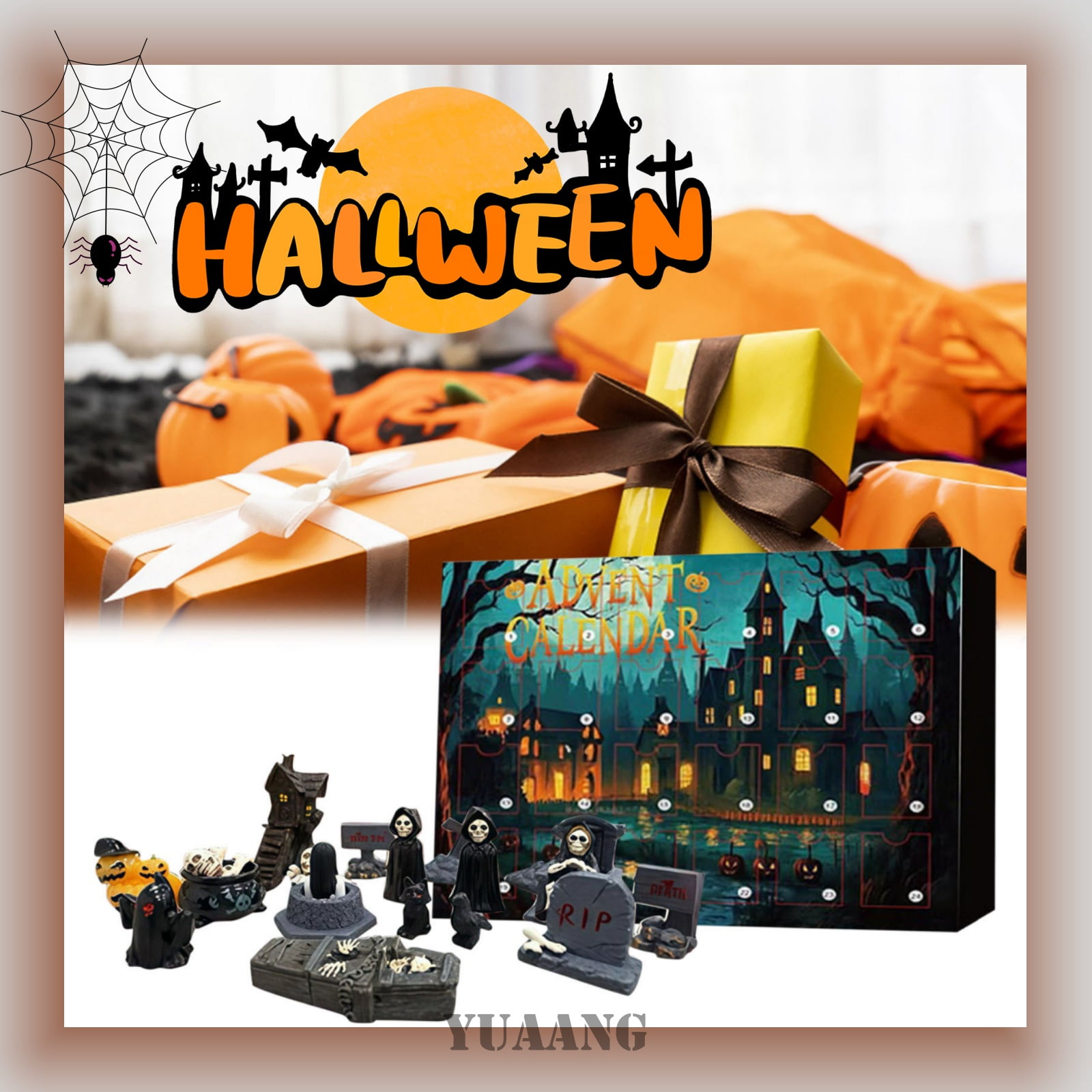 A 19-piece Set of Miniature Halloween Figures Including Skulls, a Raven ...