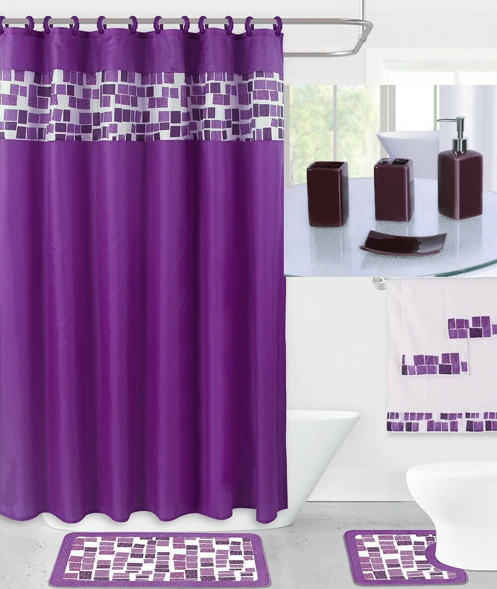 19 piece bathroom set print design mosaic black with rubber backing ...