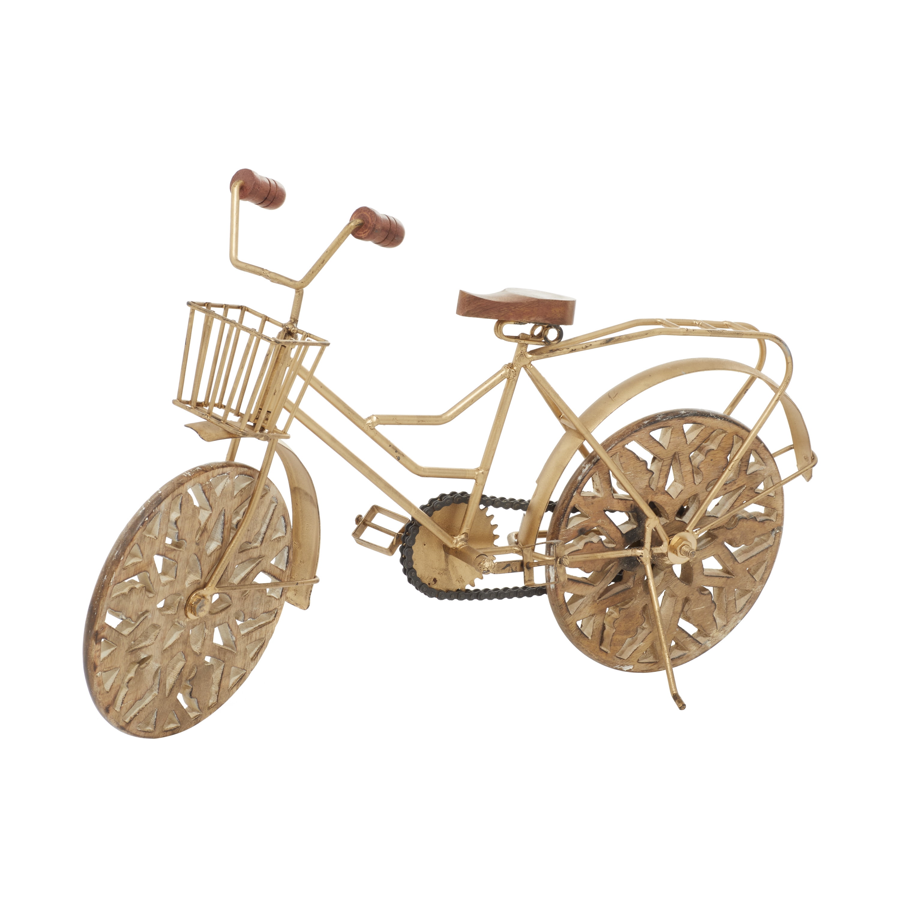19" x 12" Gold Metal Bike Sculpture with Carved Wood Wheels, by DecMode ...