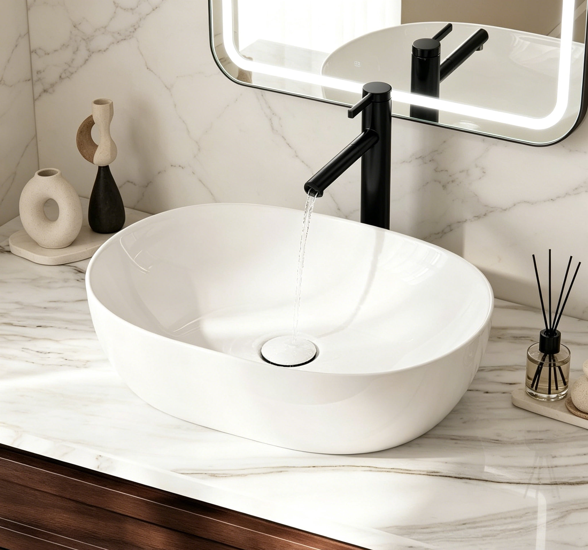 19" x 14" White Oval Ceramic Vessel Sink, Above Counter, with Overflow ...