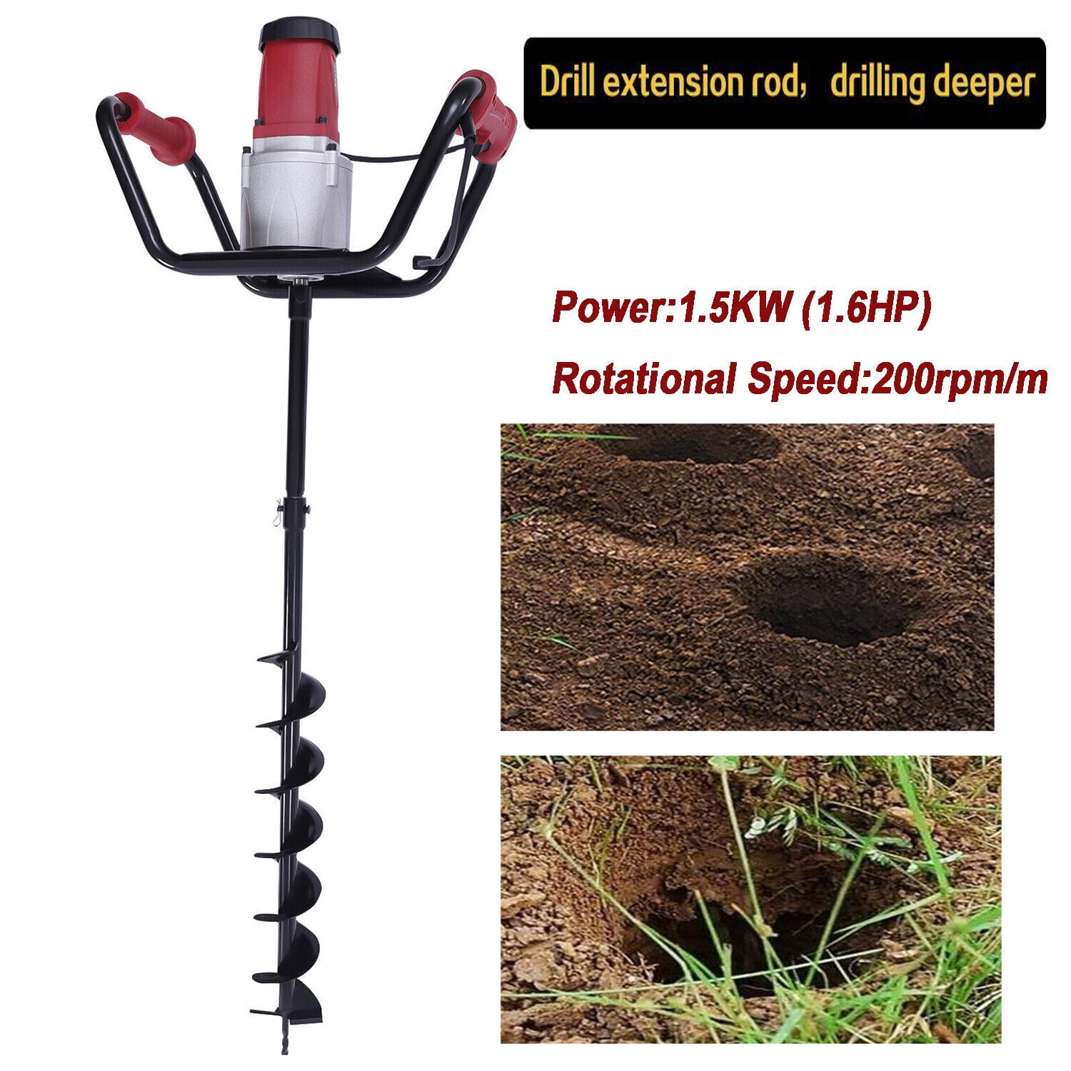 190-200rpm/min Electric Post Hole Digger Earth Auger 1500W 1.6HP 4'' W ...