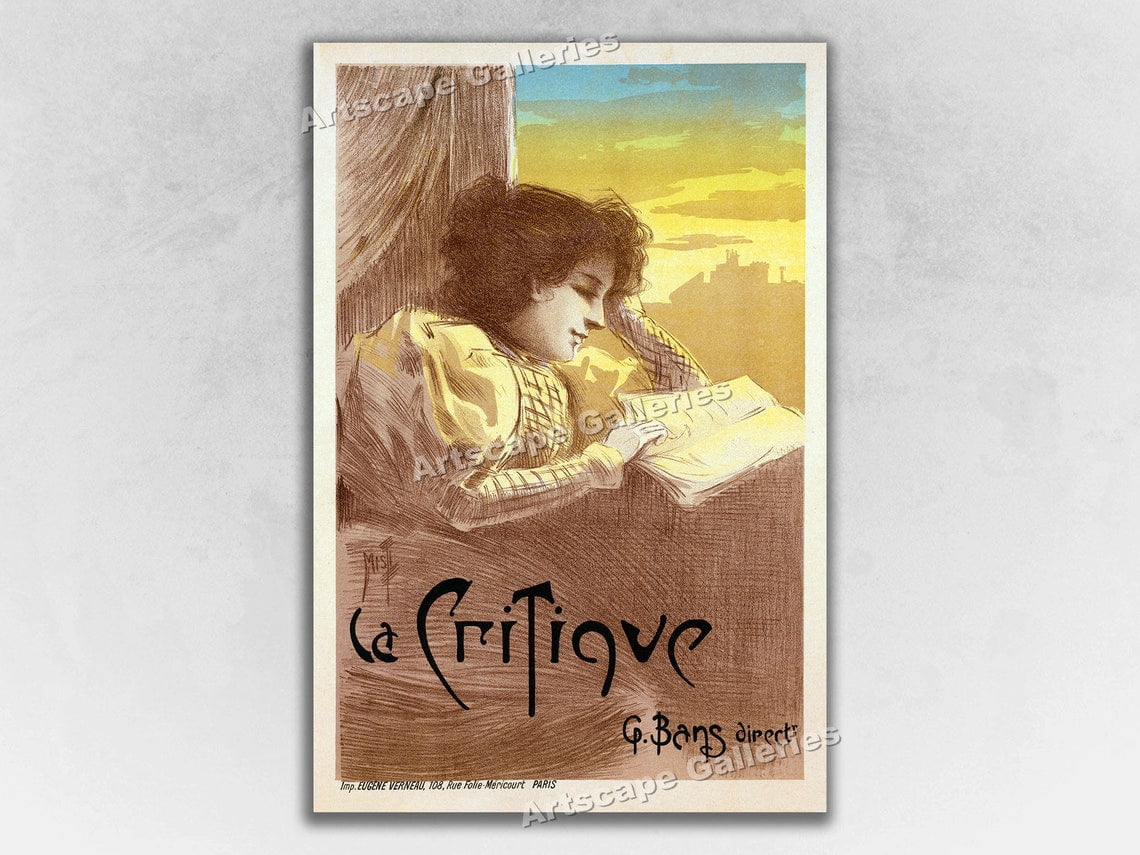 1900 La Critique Woman Reading a Book French Art Nouveau Art, Stretched ...