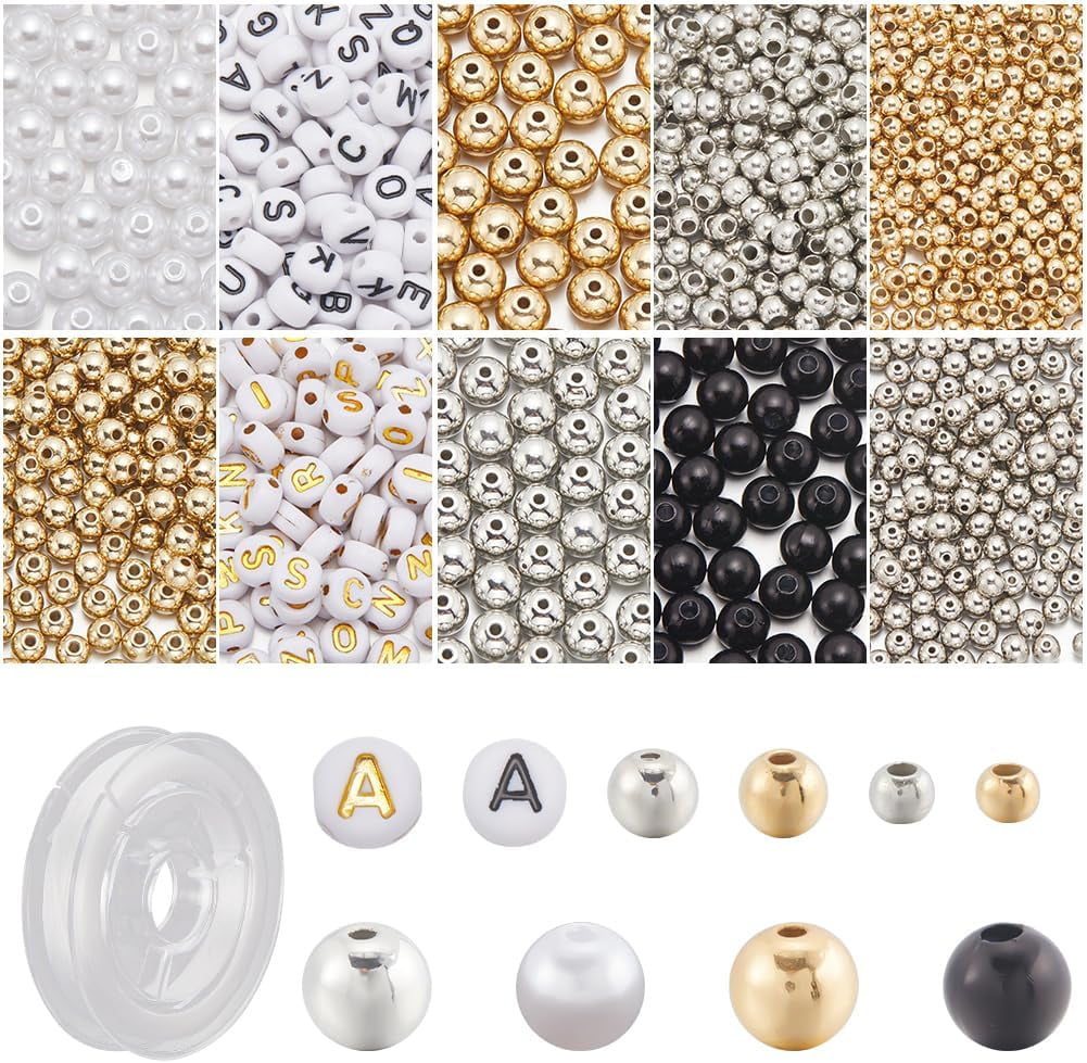 1900Pcs 10 Styles Gold Silver Spacer Beads White Plastic Pearl Beads ...