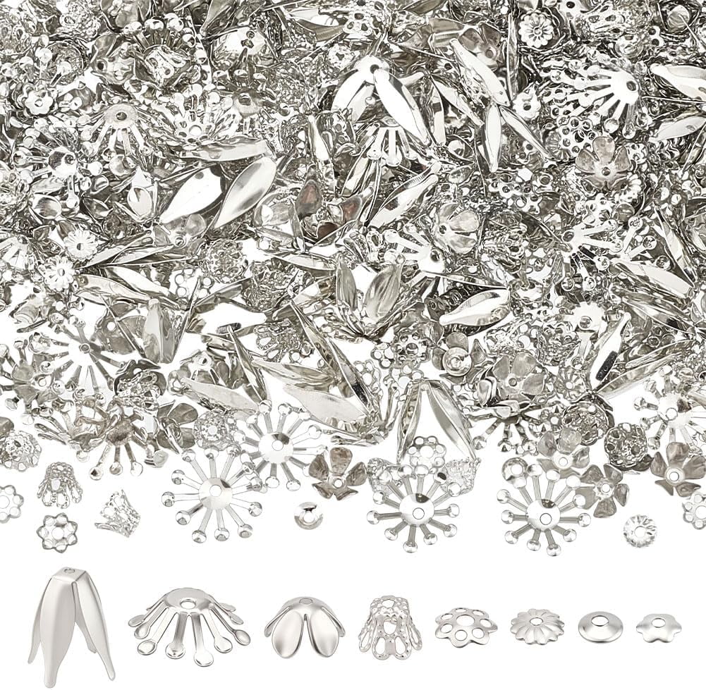 1900Pcs 8 Style Flower Bead Caps Kits Iron Flower Bead End Cap Platinum ...
