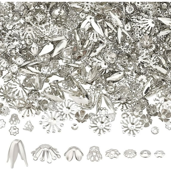 1900Pcs 8 Style Flower Bead Caps Kits Iron Flower Bead End Cap Platinum ...