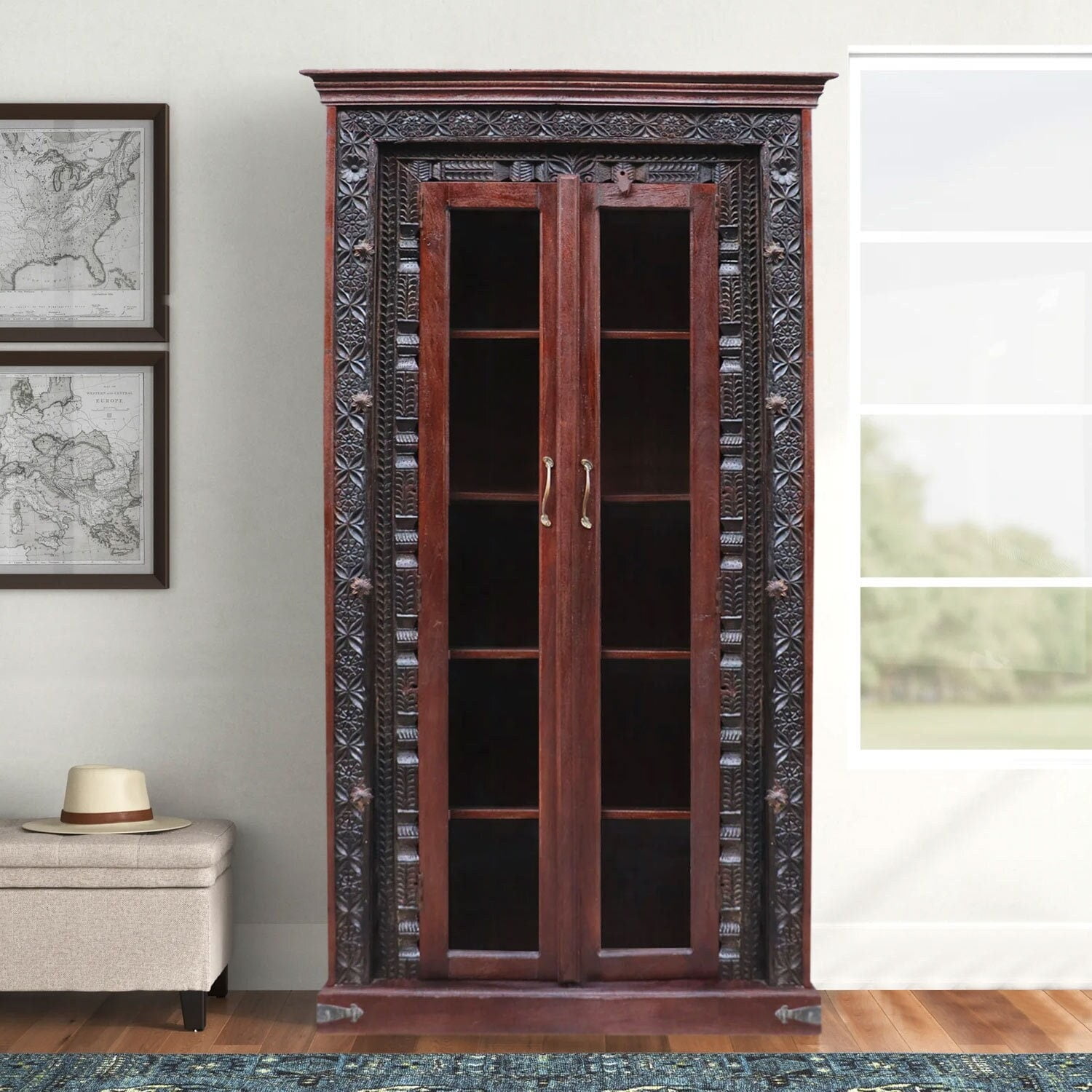 1900s Antique Handcarved Armoire with Glass Door | 4 Shelves Farmhouse ...