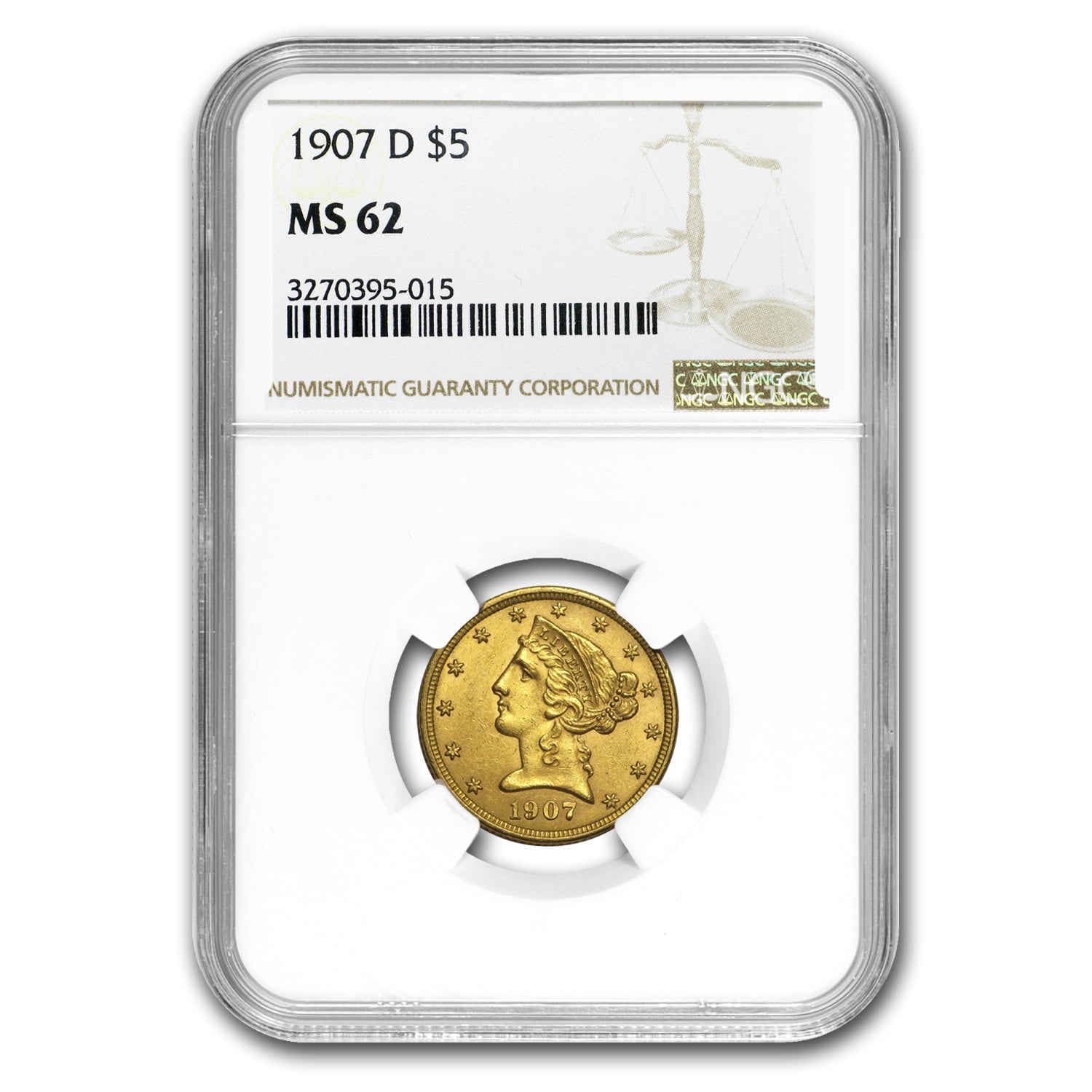 1907-D $5 Liberty Gold Half Eagle MS-62 NGC - Walmart.com