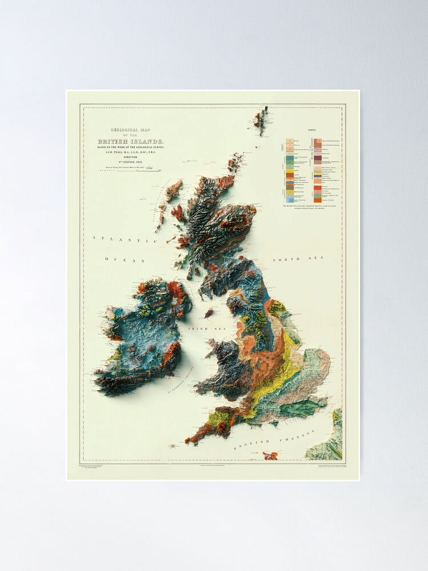 1912 3D Ireland, British Islands and England Geological Relief Map ...