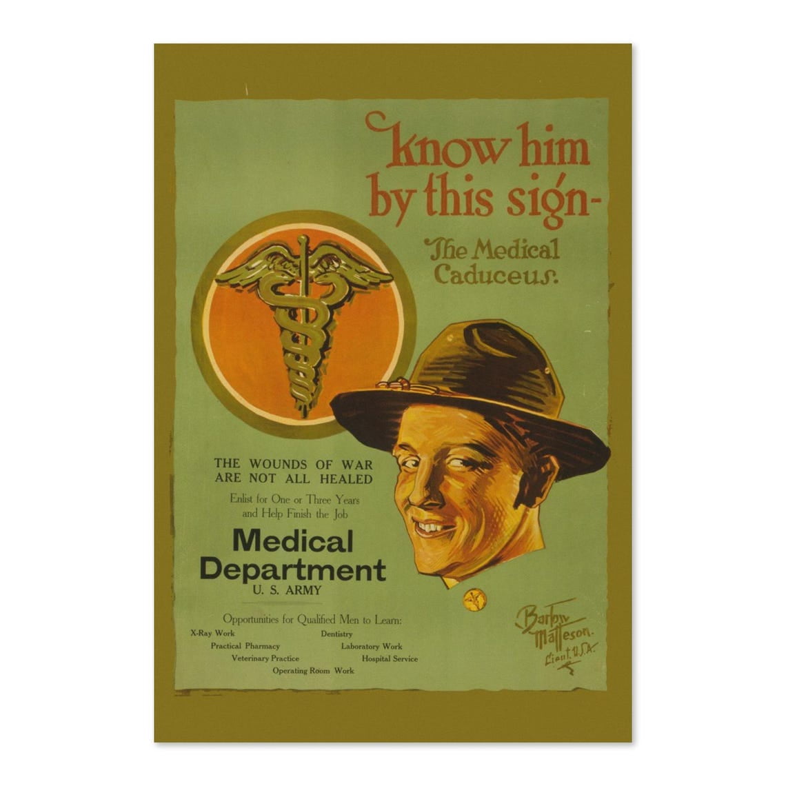 1919 Army Medical Caduceus World War 1 Recruiting Classic World War I ...