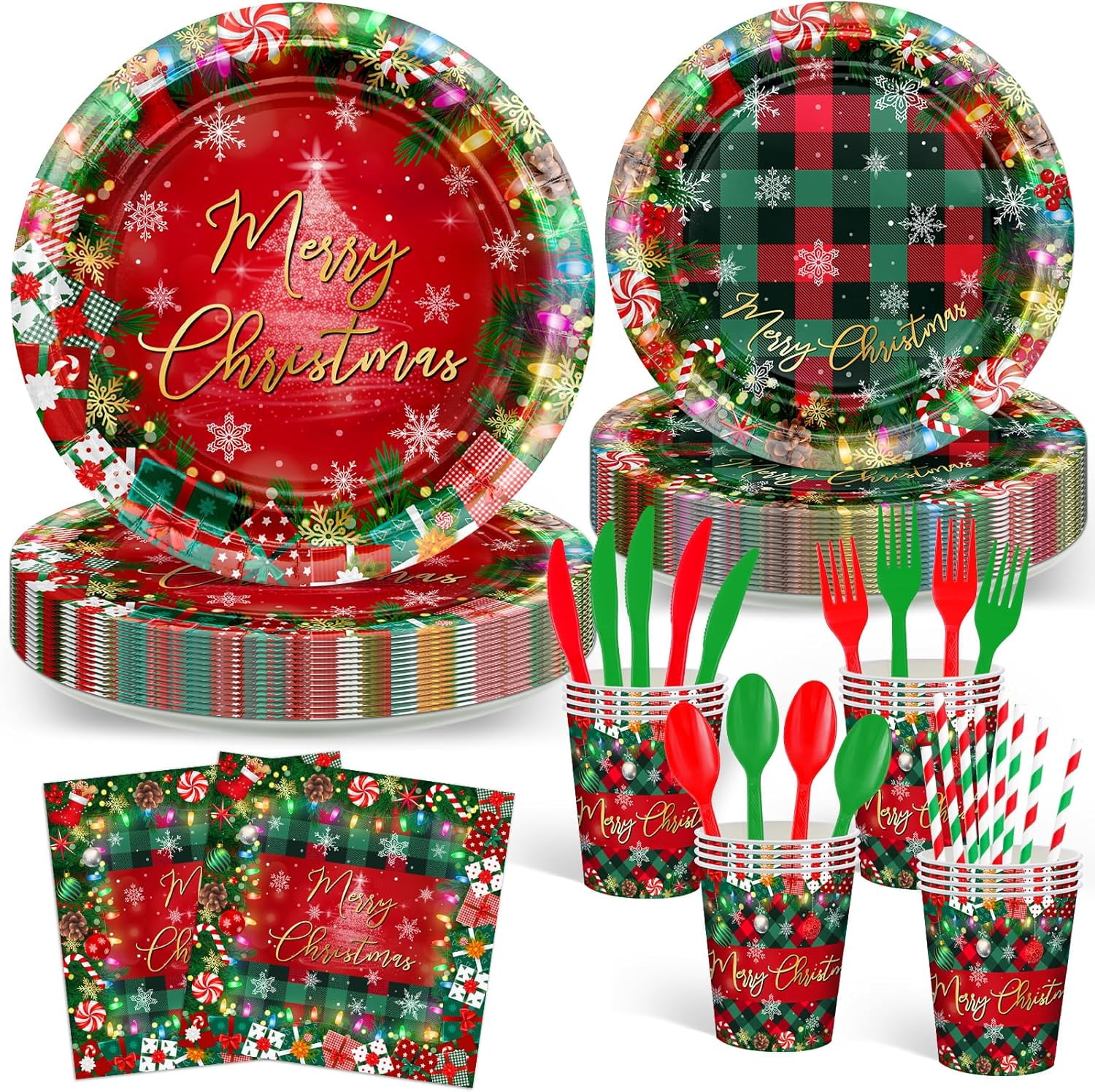 192 Pcs Christmas Paper Plates and Napkins Merry Chirstmas Party ...