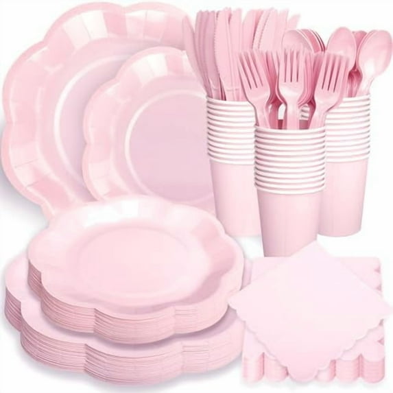 192 Pcs Pink Paper Plates And Napkins Set Party Supplies - For 24 ...