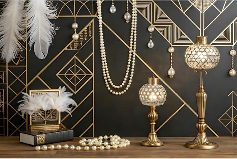 1920S Roaring Great Backdrop Feather Pearl Deco Luxury Black Gold ...