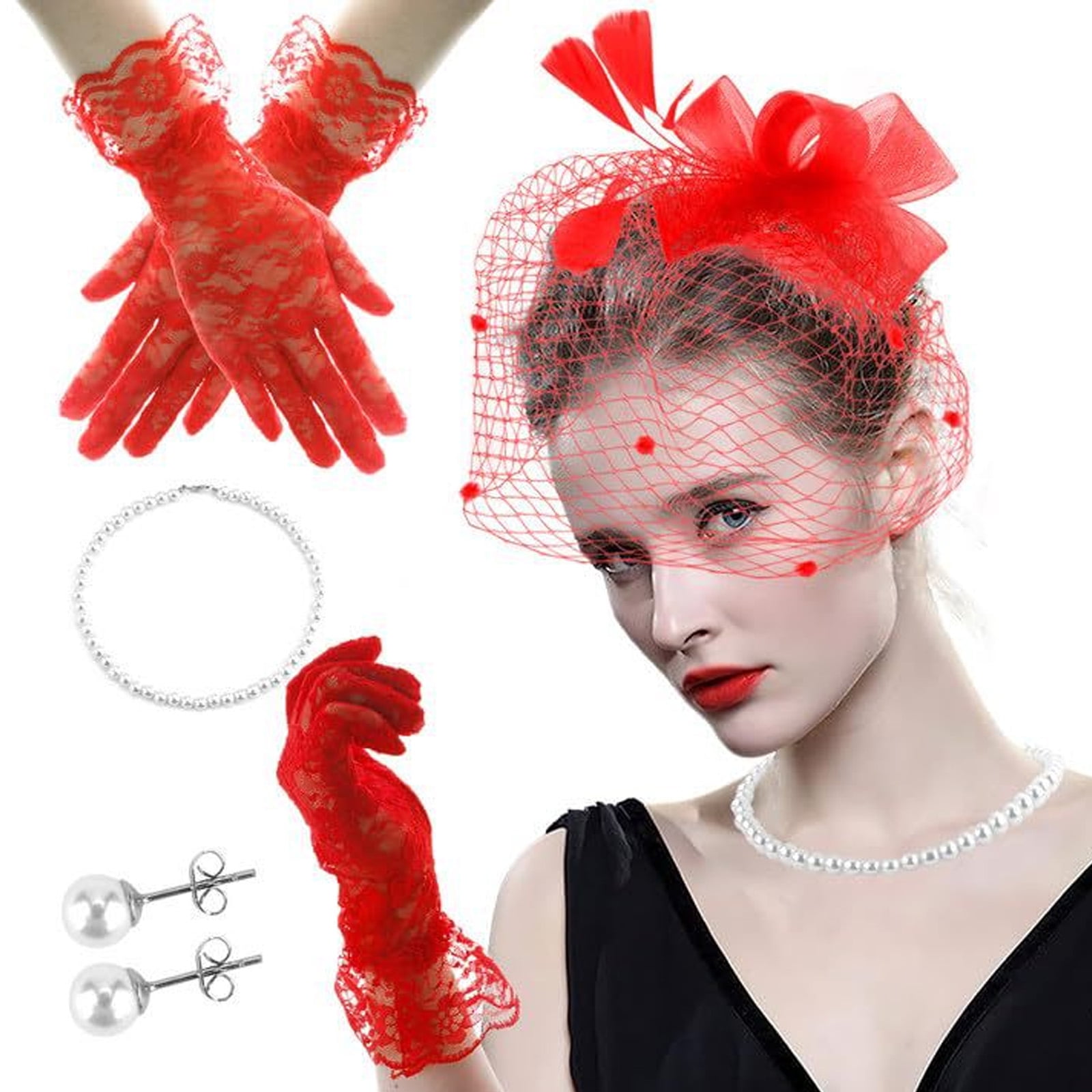 1920s Fascinator Headpiece Set for Party Wedding with Gloves Necklace ...