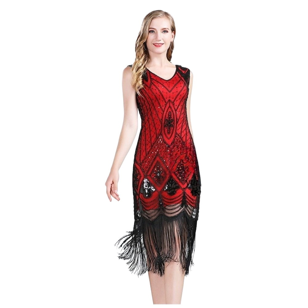 1920s Flapper Dress with Sequins & Fringe Double V-Neck Plus Size ...