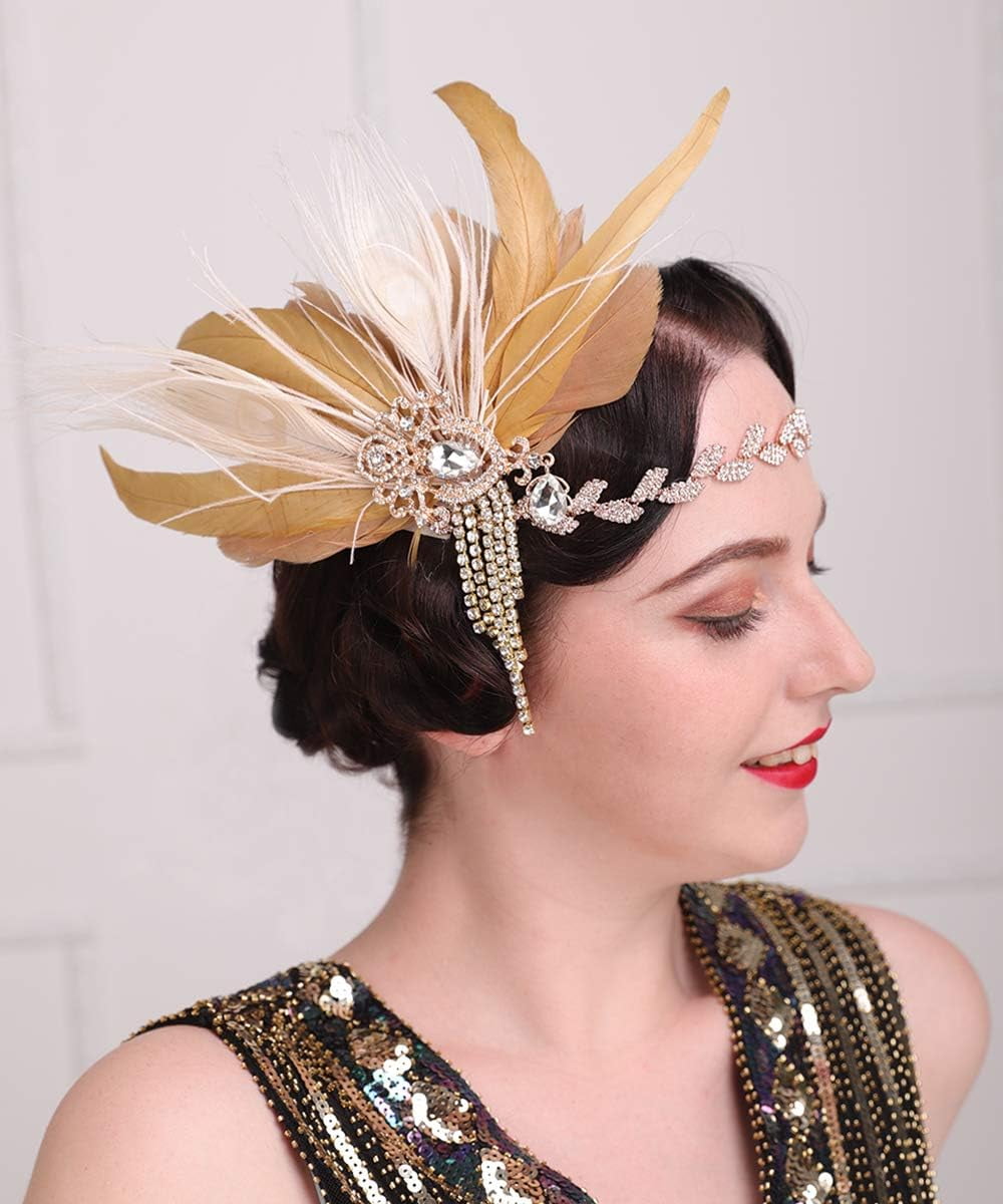 1920s Flapper Peacock Feather Headband Crystal Teardrop Leaf Head Chain ...