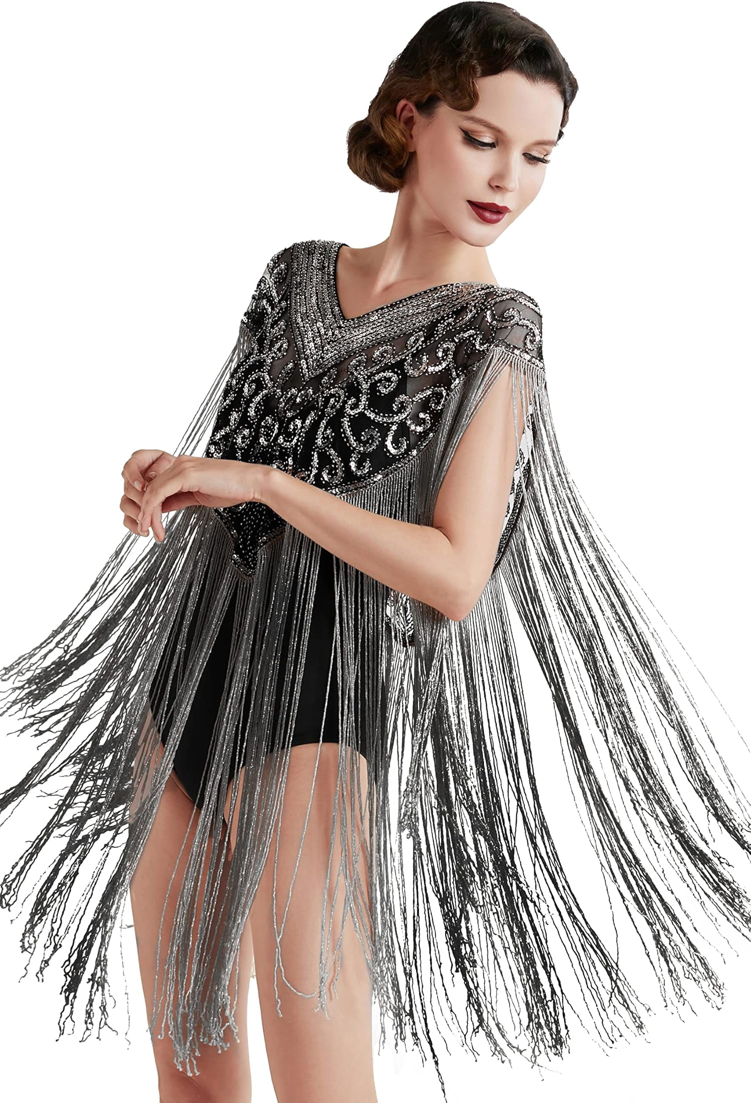 1920s Shawl Wraps Long Fringed Evening Cape Sequin Beaded Party Shawl ...