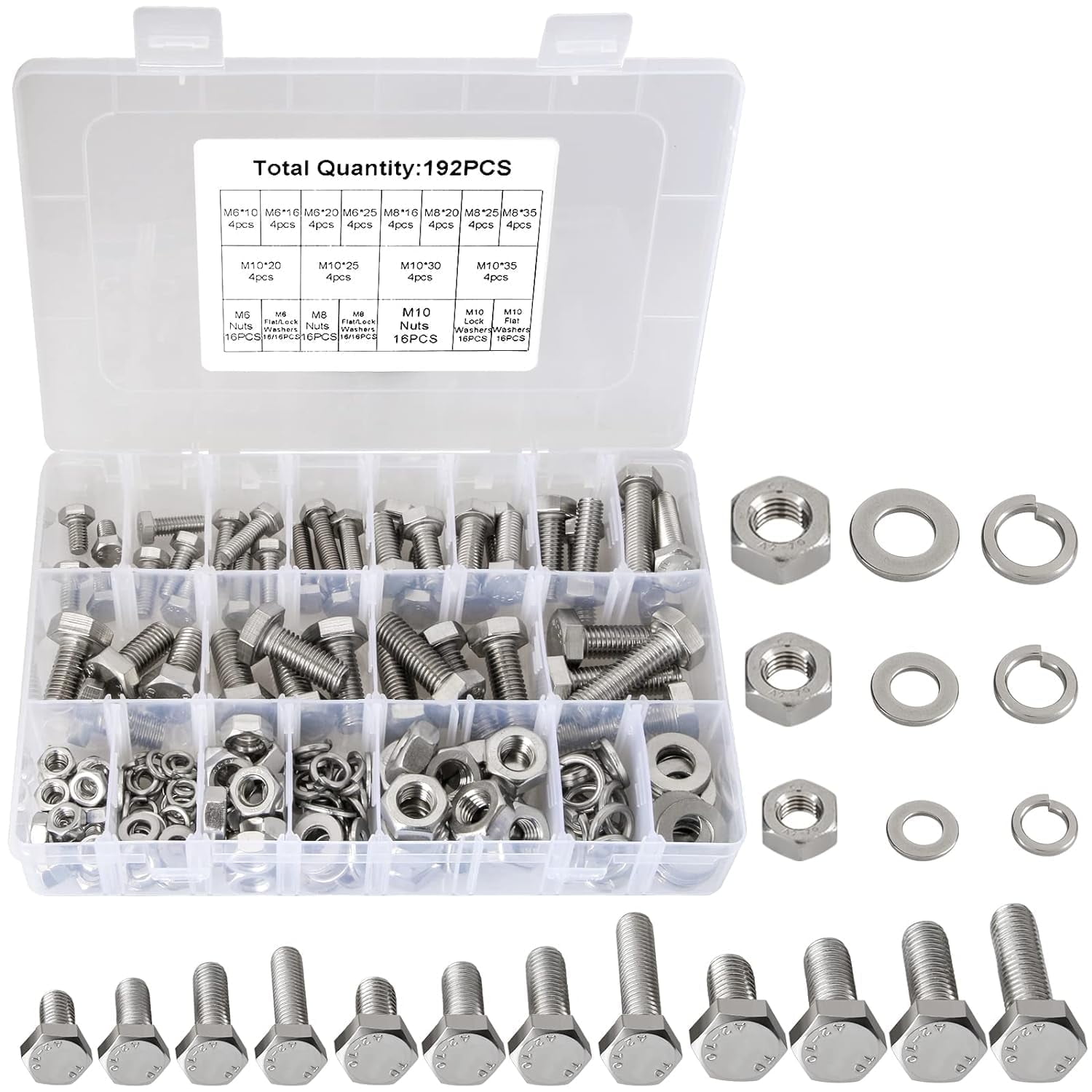 192PCS M6/M8/M10 Hex Head Screws Bolts and Nuts Kit,Lock and Flat ...