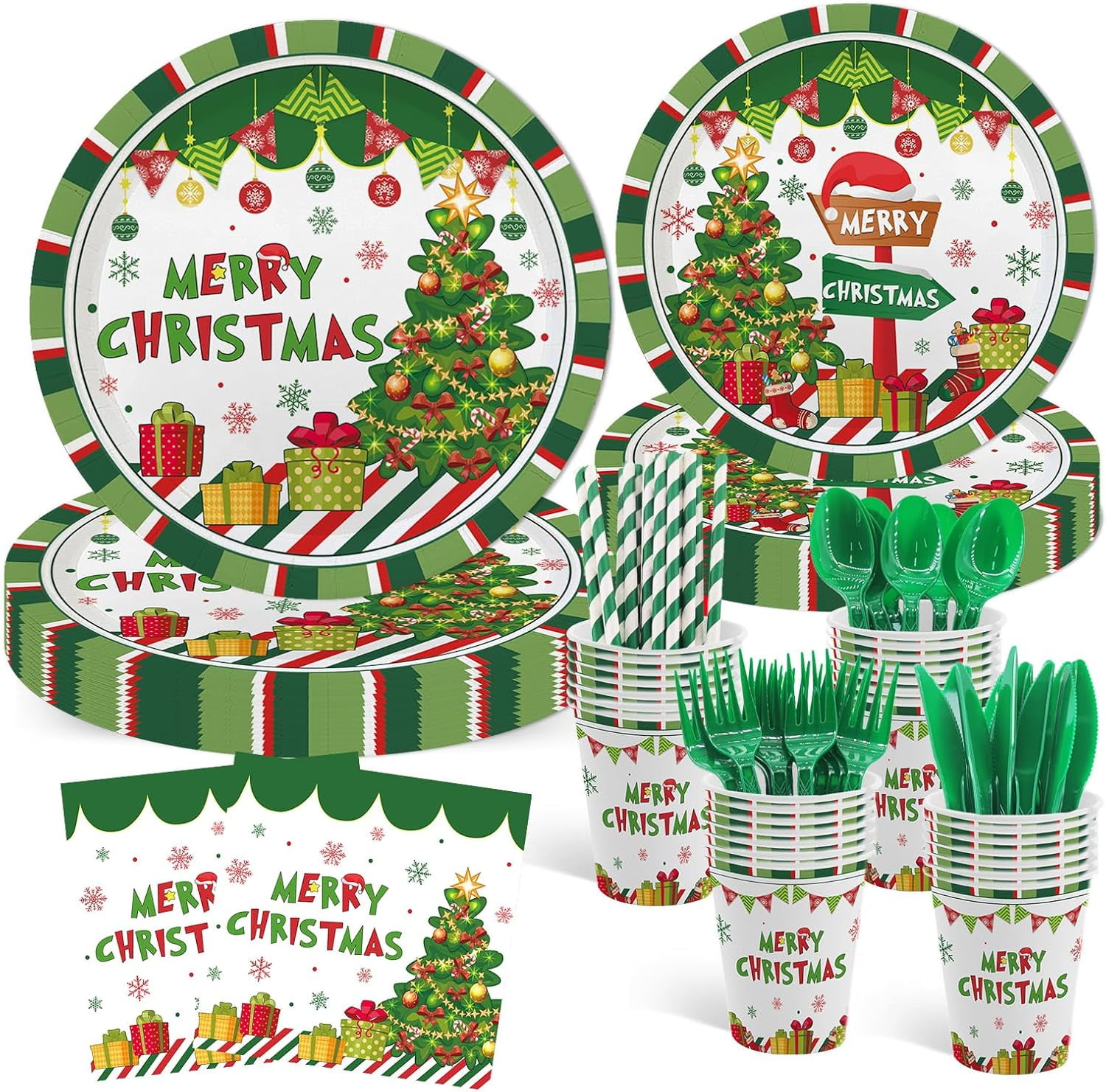 192Pcs Merry Christmas Plates and Napkins, Green Christmas Tree ...