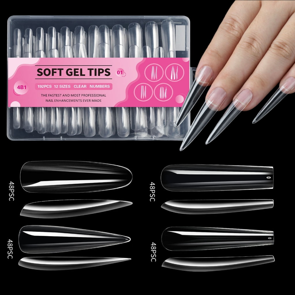 192x Extras Long Full Cover Tips Soft Gels Tips Acrylic Nail Tips Clear ...