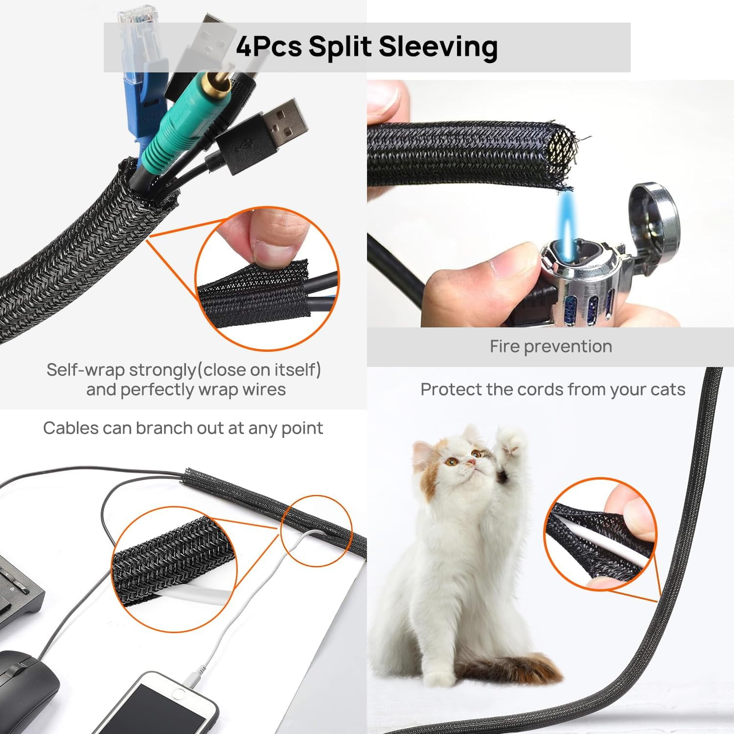 193 PCS Cable Management Kit, 4 Cable Sleeves, 57 Adhesive Clips, 12 ...