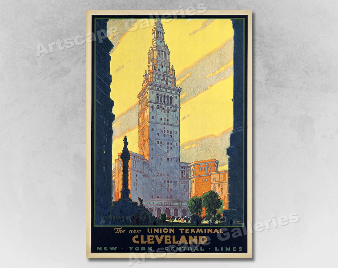 1930 Cleveland Union Terminal Vintage Style Travel Graphic Illustration ...