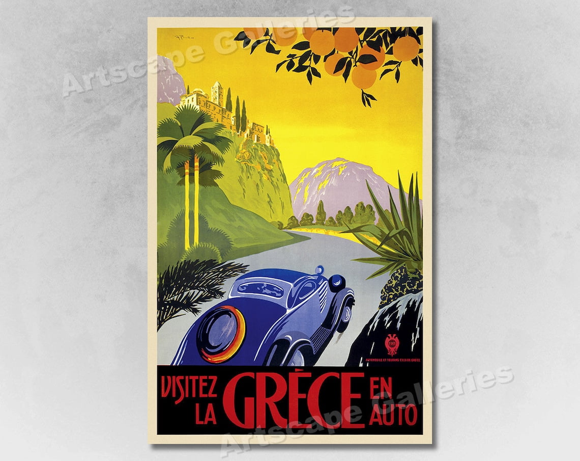 1930 "Visit Greece" Classic Auto Car Vintage Style Travel, Unframed ...