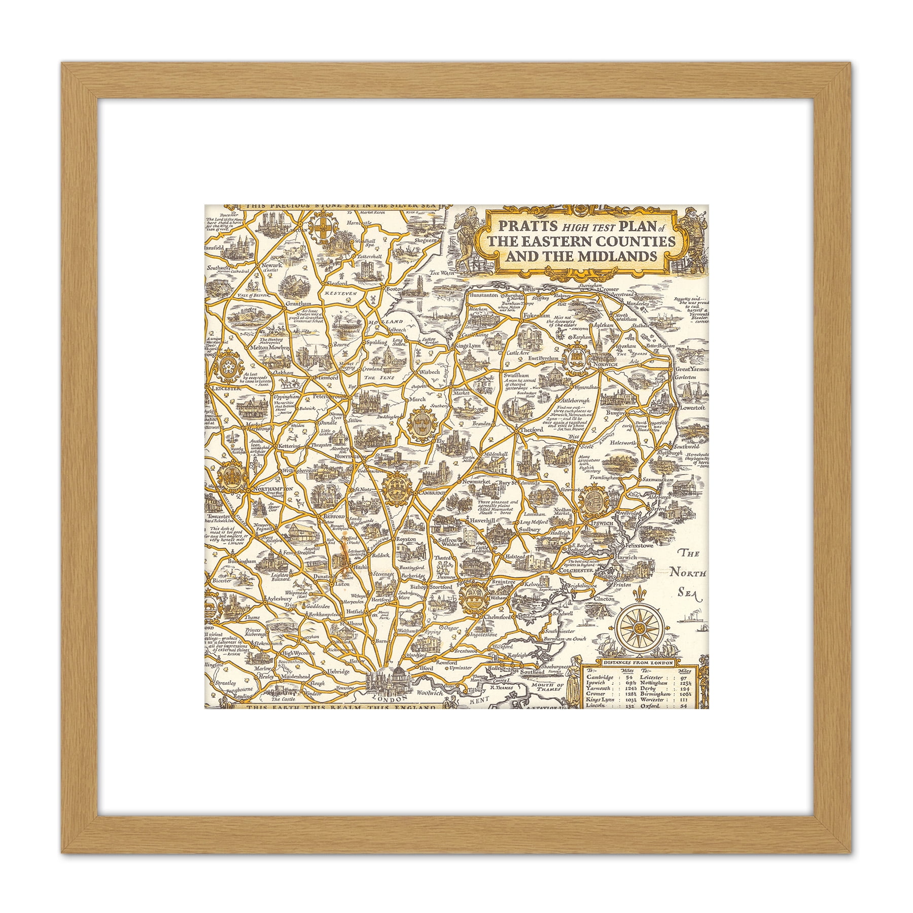 1932 Pictorial Map Eastern Counties And The Midlands 8X8 Inch Square ...