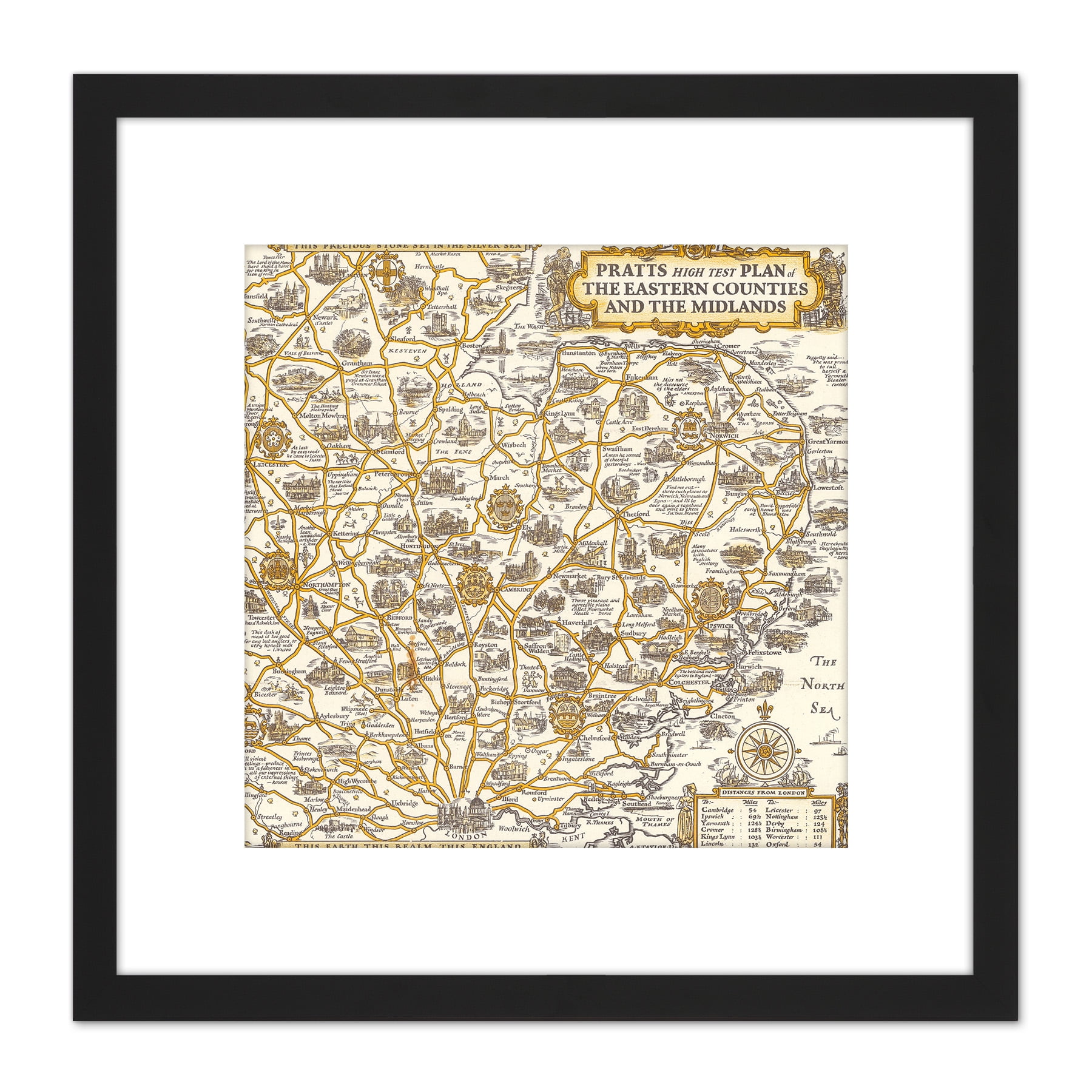 1932 Pictorial Map Eastern Counties And The Midlands 8X8 Inch Square ...