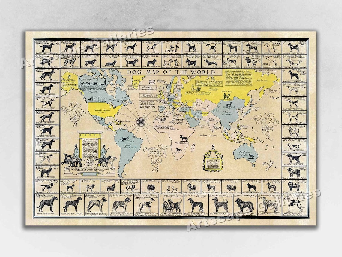 1933 Dog Map of The World Dogs Wall Art Vintage, Stretched Canvas ...