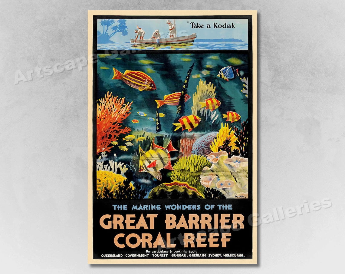 1933 Great Barrier Coral Reef Australia Vintage Style Travel Graphic ...