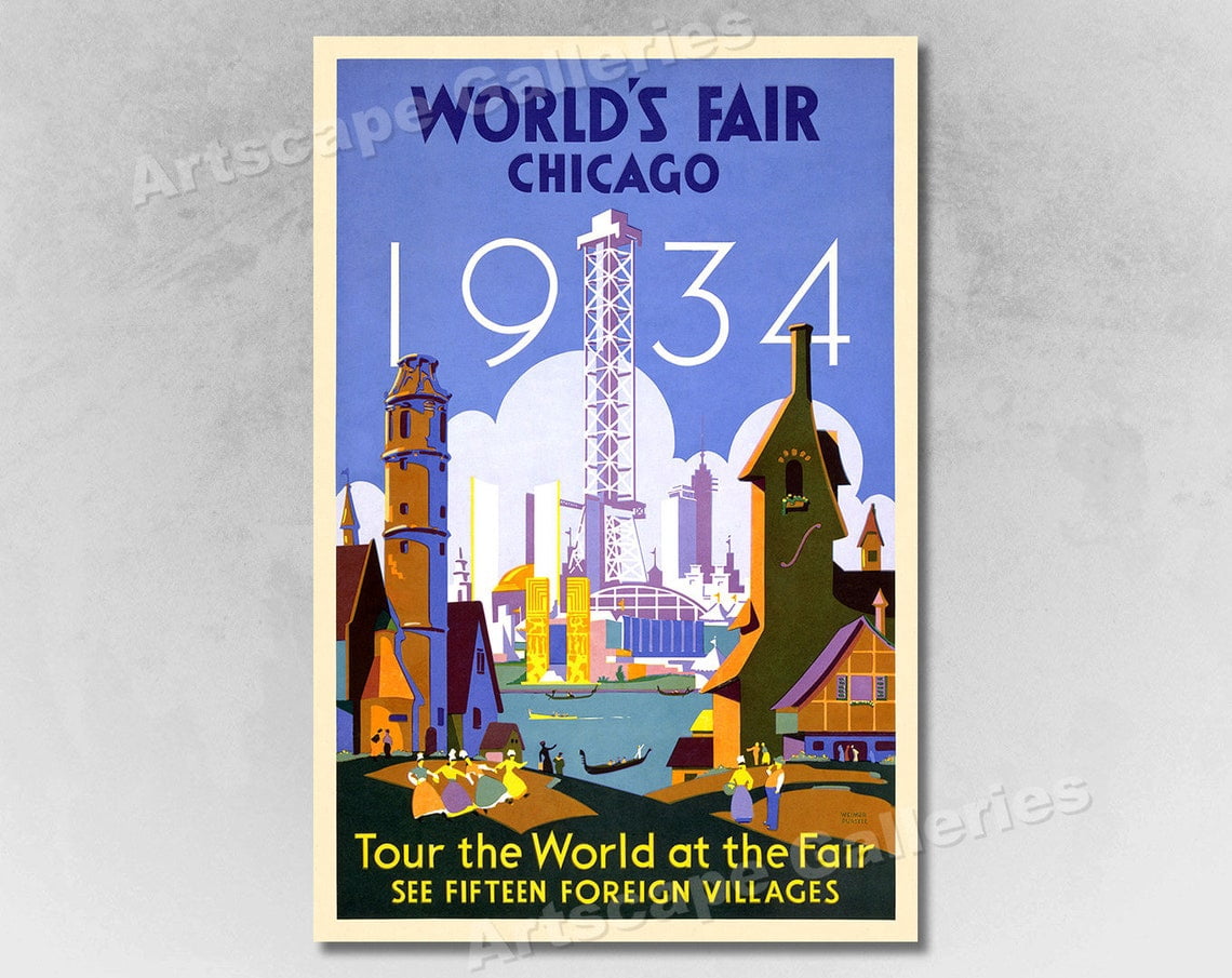 1934 Worlds Fair Chicago Tour the World Vintage Style Travel, Stretched ...