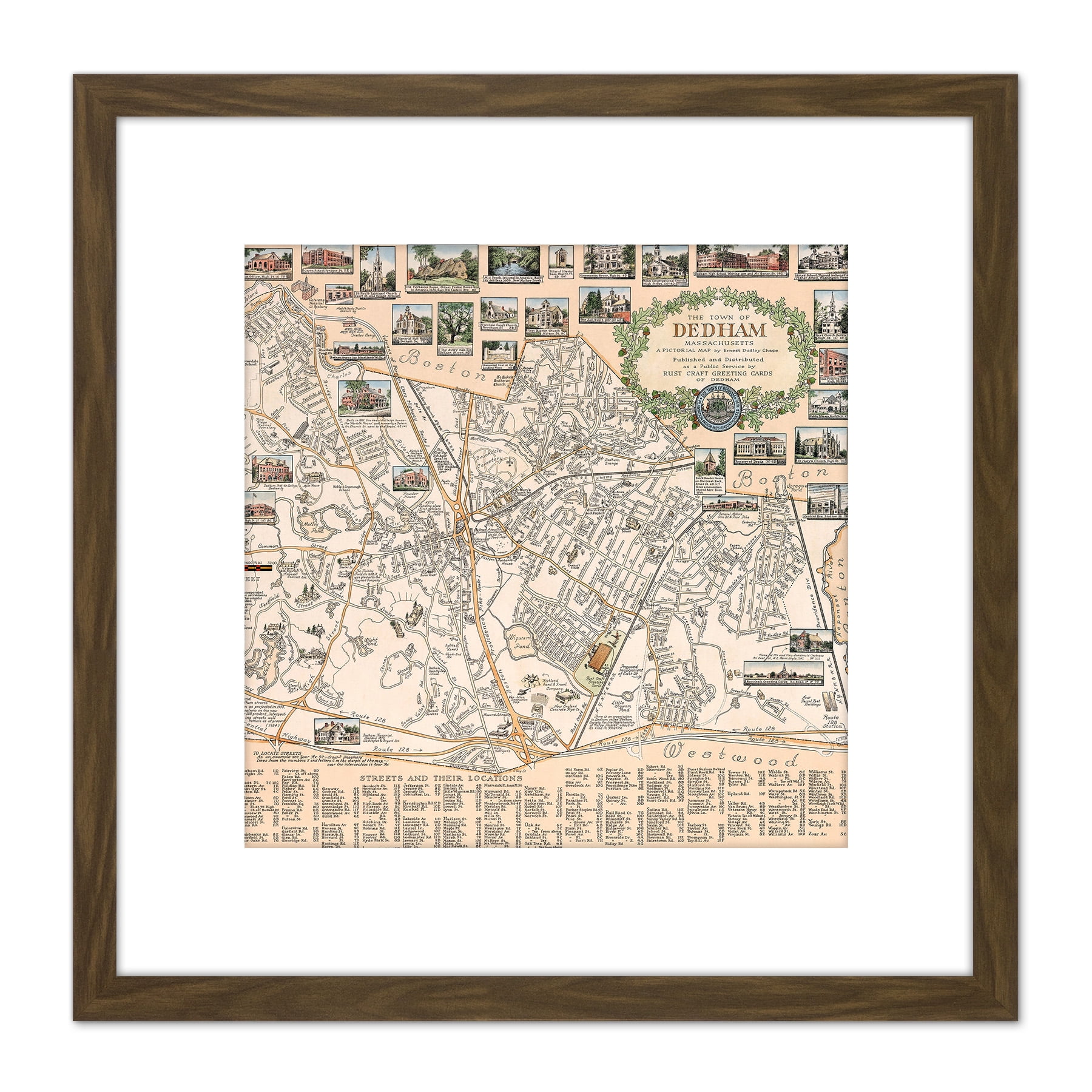 1935 Ernest Dudley Chase Map Town Dedham Massachusetts 8X8 Inch Square ...